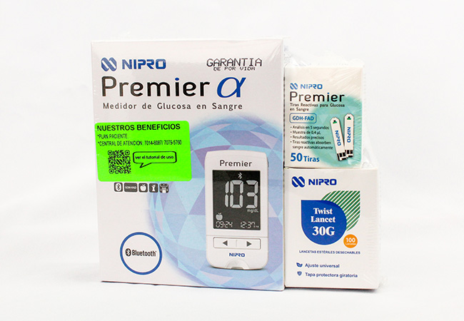 NIPRO GLUCÓMETRO PREMIER + 50 TIRAS + 100 LANCETAS